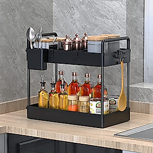 SOLEJAZZ Under Sink Organizer and Storage, 2 Tier Under Cabinet Basket Organizer, Multi-purpose Under Sink Storage Shelf for Bathroom Kitchen, Cabinet Storage with Hooks and Hanging Cups, Black,3 Pack