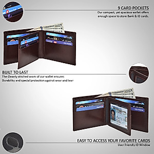 NeoMonte Genuine Leather Minimalist Wallet with RFID protection 9 Credit Card and 2 ID Slots, Sleek Bifold Wallet for Men