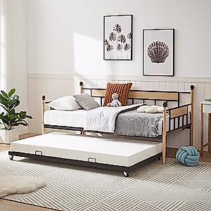 Tensun Twin Size Daybed with Trundle,Metal & Wood Trundle Day Bed Frame for Bedroom Living Room, Steel Slat Support/No Spring Box Needed, Black+Natural