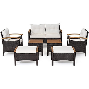 Tangkula 7 Pieces Patio Rattan Sofa Set, Outdoor Wicker Conversation Set w/Seat & Back Cushions, 2 Ottomans & 2 Coffee Tables, Acacia Wood Tabletop & Armrests, Wicker Sofa Set for Backyard, Poolside