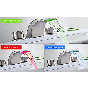 Bathfinesse 8-16 Inch LED Light Faucet Widespread Bathroom Sink Faucet Waterfall Vanity with 3-Color Changing 3 Holes with 2-Handles T Commercial Brushed Nickel Deck Mount Lavatory Faucets