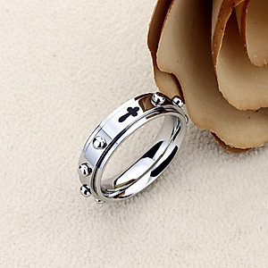 Prime Pristine Free Engraving Personalized Stainless Steel Wedding Band Ring 6MM Cross Rosary Spinner Ring SZ:7