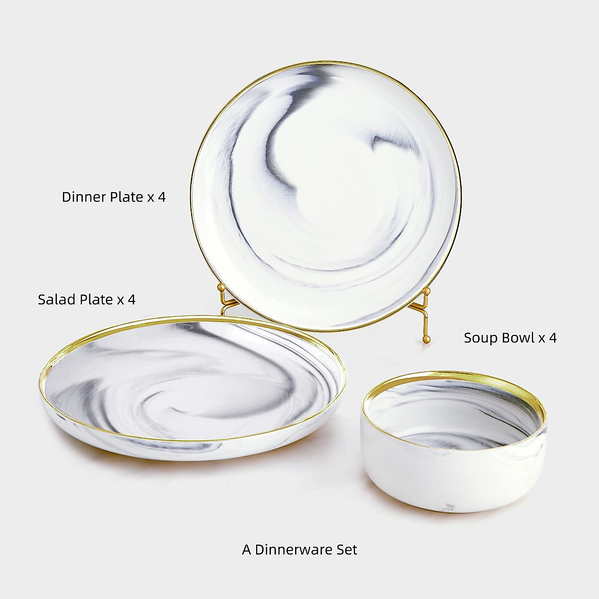 Pokini Dinnerware Sets, Marble Gold Line Plates and Bowls Sets Stoneware Dishes Set For 4, 12 Piece White Grey Marble Porcelain Round Dinner Dish Sets