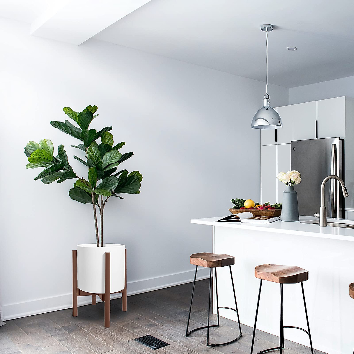 10 Inch Matte White Ceramic Flower Pot with Solid Wood Stand, Straight Cylinder Planter with Drainage Hole - Handmade Modern Minimalist Design for Indoor/Outdoor Plants, Succulents, Herbs, Home Decor