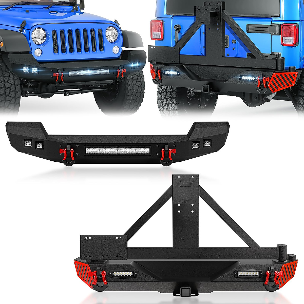 EYOUHZ Full Width Front & Rear Bumper w/Spare Tire Carrier Compatible with 2007-2018 Jeep Wrangler JK JKU Unlimited with Paintable Armor, License Plate Bracket, 2" Hitch Receiver, LED Lights & D-rings