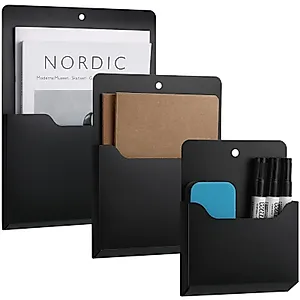 Patelai 3 Pcs Magnetic Wall File Holder Refrigerator Magnetic Locker Mail Organizer Wall Mount for File Cabinets Paper Magazine Pockets Storage Office(Multi Size,Black)