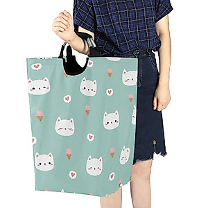Kigai Laundry Hamper Basket Cat Face with Ice Cream Collapsible Nursery Storage Bin Waterproof Clothing Baskets for Home Bedroom Bathroom Washing Room