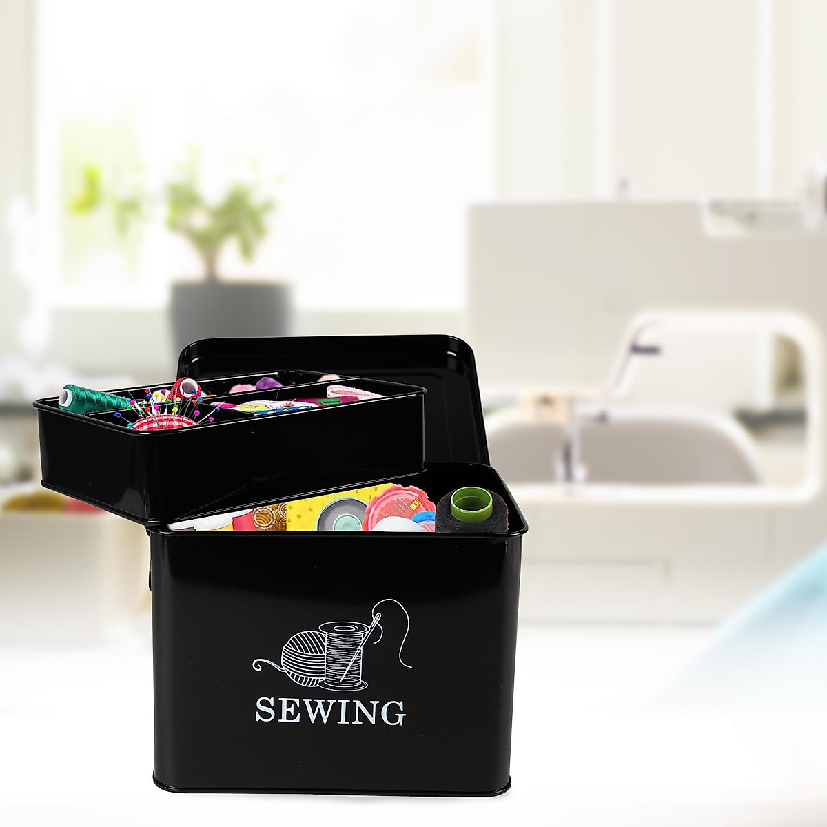 Xbopetda Metal Sewing Box, Sewing Kit Storage Box, 2-Tier Sewing Basket with Removable Tray, Sewing Supplies Organizer, Sewing Storage Box for Sewing Accessories, Scissor, Thread, Pins, Clips (Black)