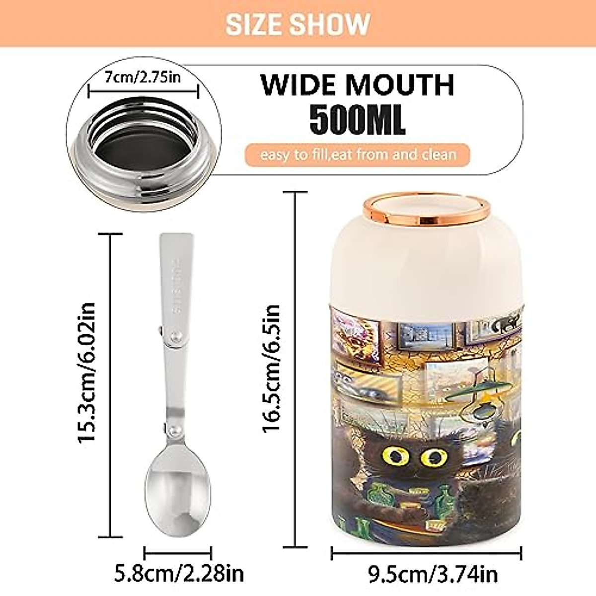 CUPADA Cats Eyes Funny Food Jar, Oil Painting Cute Insulated Hot Food Jars Vacuum 17OZ with Folding Spoon for Work Trip Picnic Camping