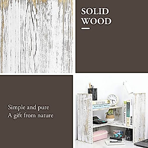 MyGift Adjustable Whitewashed Solid Wood Desktop Storage Organizer Display Shelf Book Rack, Office Desk Bookshelf