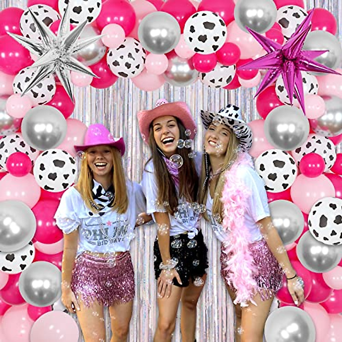 Jollyboom Space Cowgirl Party decorations, Western Disco Party Decorations for Women Hot Pink Balloon Garland Arch Kit, Laser Silver Fringe Curtains Star Foil Balloons for Girl Bachelorette Party