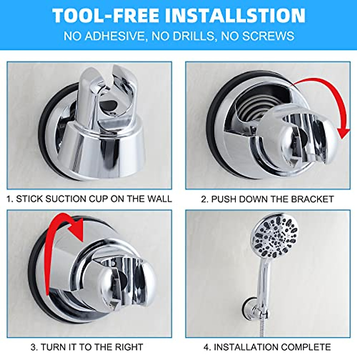 Vacuum Suction Cup Shower Head Holder, Suction Handheld Shower Holder Bracket, Removable Wall Mount Holder with Vacuum Suction Cup for Bathroom, Chrome