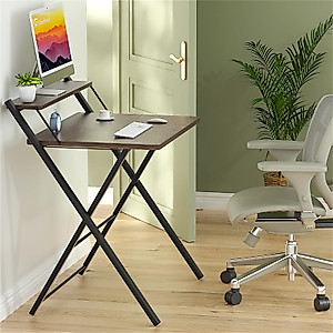 GreenForest Folding Desk No Assembly Required Small Size, 2-Tier Foldable Computer Desk with Shelf for Home Office, Space Saving Portable Laptop Study Foldable Table for Small Spaces, Brown