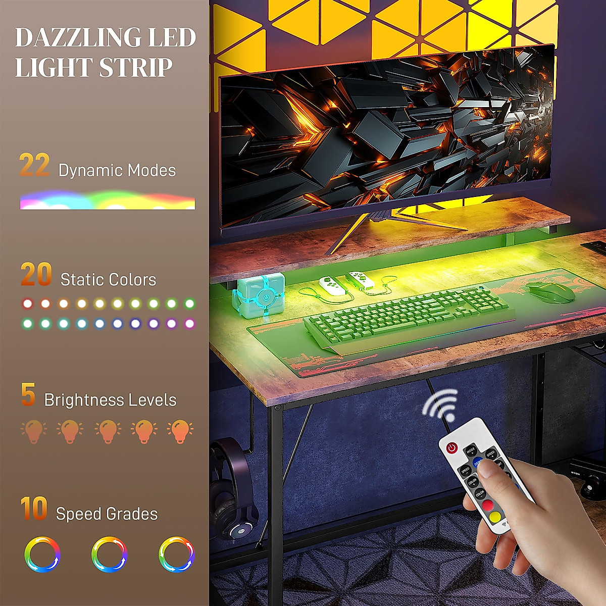 HOMCOM 42" L Shaped Desk with LED Lights, Power Outlet, USB Charging Ports, Reversible L Shaped Computer Desk with Storage Shelves, Monitor Stand, Corner Gaming Desk for Home Office, Rustic Brown