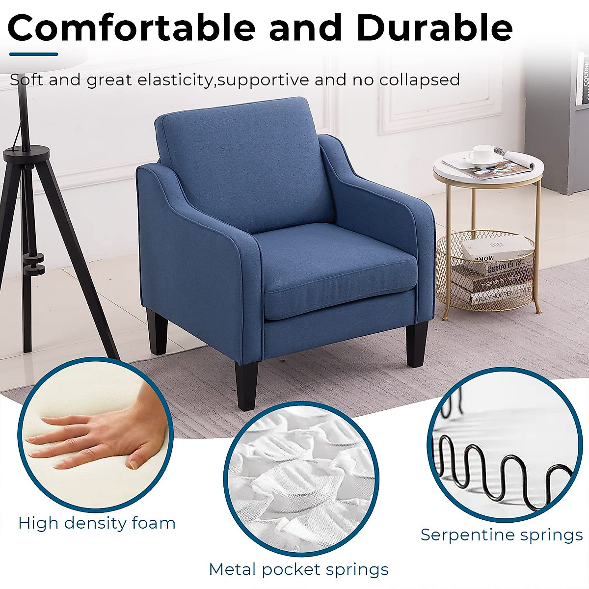 VINGLI Mid Century Modern Accent Chair,Navy Blue Fabric for Living Room Upholstered Armchair with Scooped Arms for Bedroom,Apartment,Studio,Office,Waiting Room