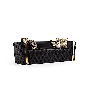Galaxy Home Furnishings Naomi Button Tufted Sofa Finished with Velvet Fabric and Gold Accent in Black