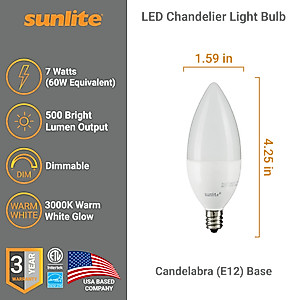 Sunlite 80786 LED B11 Frosted Torpedo Tip Chandelier Light Bulb, 7 Watts (60W Equivalent) 500 Lumens, Candelabra E12 Base, Dimmable Energy Star and ETL Certified, 3000K Warm White, 1 Count
