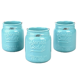 MyGift Aqua Blue Ceramic Mason Jar Flatware Holder Storage Organizer with Decorative Embossed Utensil Caddy Word Design, Farmhouse Kitchen Decor, Set of 3