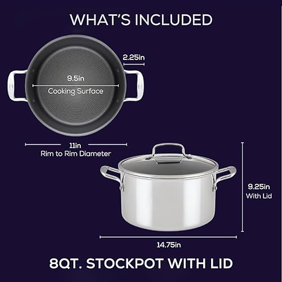 Circulon C1 Series Clad Stainless Steel with ScratchDefense Technology Cookware Nonstick Induction Stockpot with Lid, Metal Utensil Safe, 8 Quart - Polished Stainless Steel
