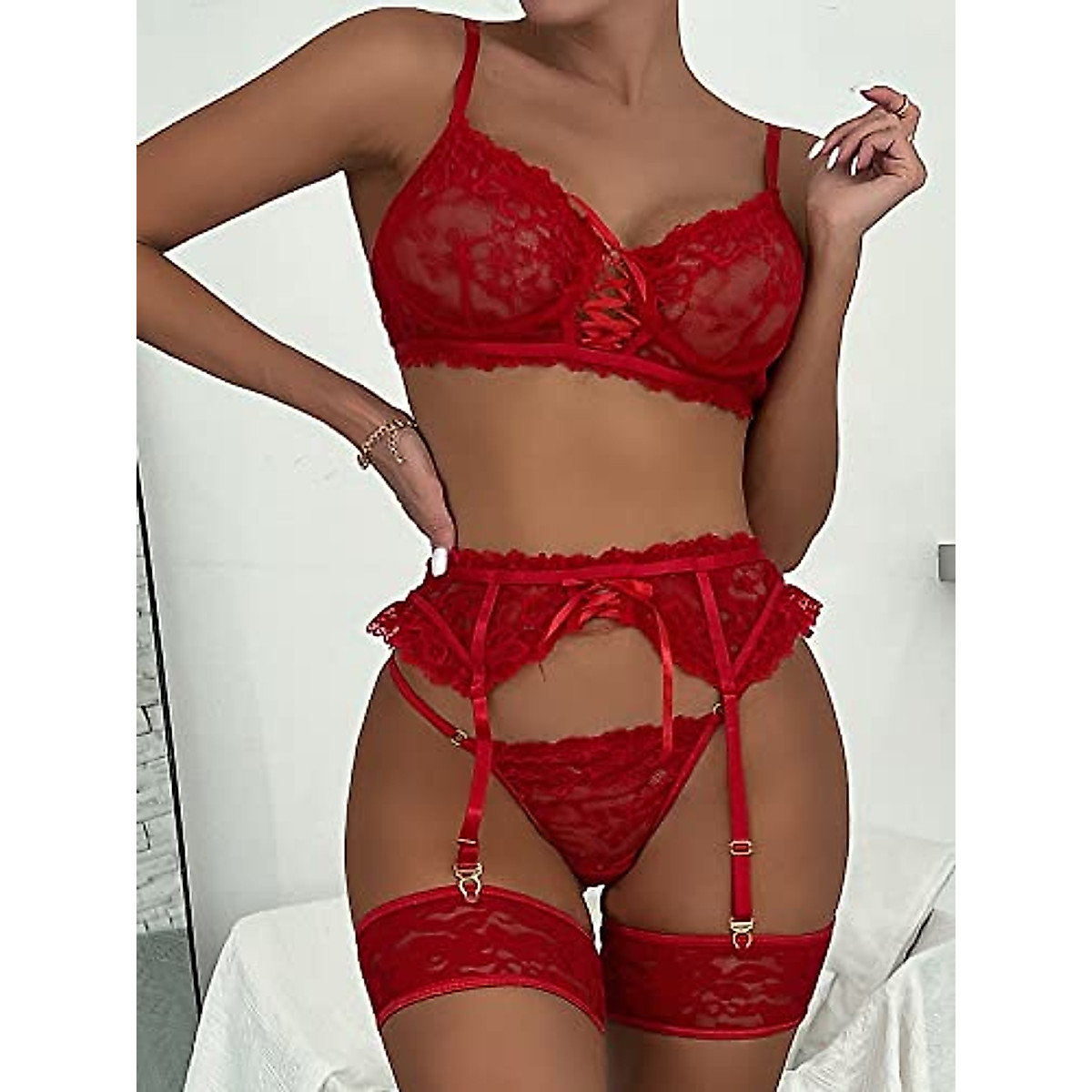 JuicyRose Women's 4 Pieces Lingerie Set - Allover Lace with Wireless Bra, Thong, Garter Belt, and Stockings(T042,Red,XL)