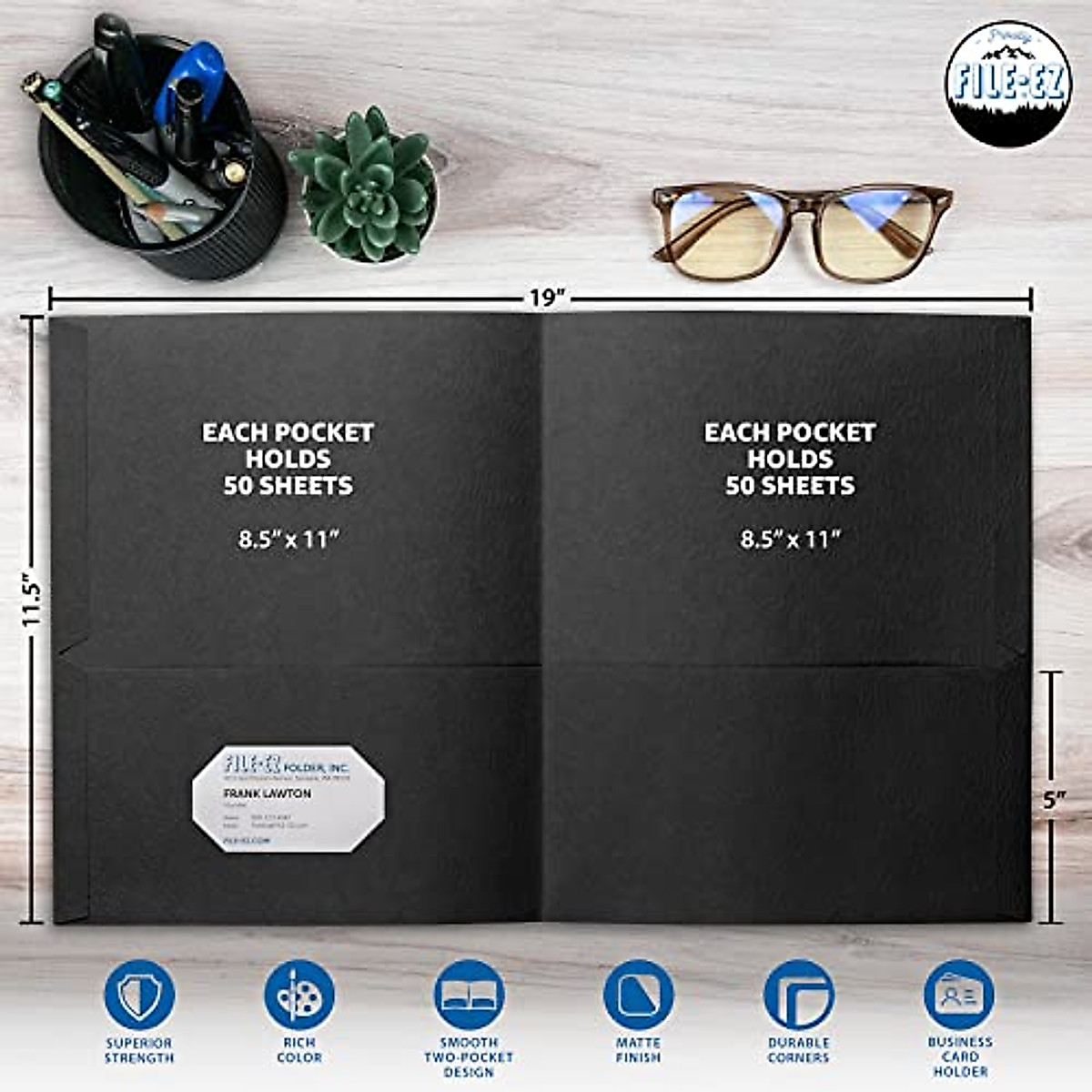 FILE-EZ Two-Pocket Folders, Black, 25-Pack, Textured Paper, Letter Size (EZ-32505)