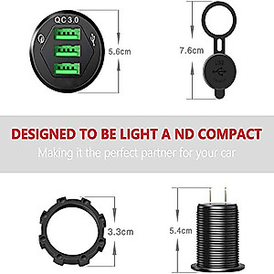 3 USB 3.0 Car Charger, 12V/24V 36W QC3.0 USB Charger Socket, 3 x USB 3.0 Socket Charger USB Outlet Fast Charge with 10A Wire Fuse Aluminum (Black)