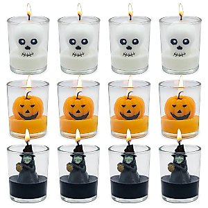 12 Pack Halloween Glass Votive Candles - Spooky Ghost, Pumpkin, and Witch Design - Decorative Halloween Tealight Candles for Home Decor, Parties, and Trick-or-Treating