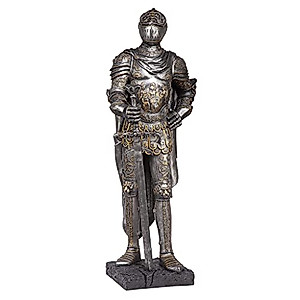 Design Toscano King's Guard Medieval Decor Half Scale Knight Armor Gothic Statue, 39 Inch Tall, Cast Stone Resin, Metallic Finish with Faux Stone Base