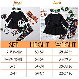 Toddler Baby Girl Halloween Outfit 3PCS Skull Tunic Dress + Leggings + Infinity Scarf Clothes Set (Black, 18-24 Months)