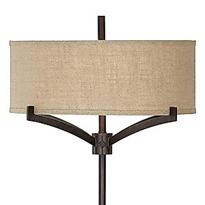 Franklin Iron Works Tremont Modern Mid Century Floor Lamp Standing 62" Tall Deep Bronze Metal Tan Burlap Drum Shade for Living Room Reading Bedroom Office House Home Decor