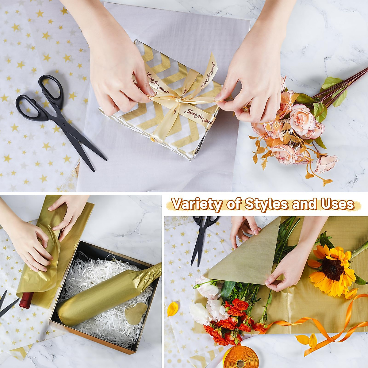 Cholancy 100 Sheets Tissue Paper for Gift Bags, 20'' x 14'' Christmas Tissue Paper for Gifts Wrapping,Gold Tissue Paper Bulk for Wedding Holiday Parties Decor