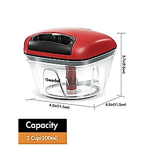 Manual Food Processor Vegetable Chopper, Geedel Pull Cutter with String for Veggies, Fruits, Salad, Onion, Ginger, Nuts, Herbs, etc, 2 Cup(500ml), Red