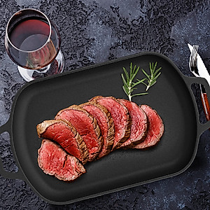 Mimiuo Cast Iron Sizzler Pan for Pizza Oven and Grill, 14 Inch Non-Stick Sizzling Fajita Skillet Rectangular Griddle Pan with Removable Handle for Stove Cooking Grilling Meats Seafood