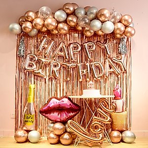Rose Gold birthday decorations for women ，happy birthday party decorations for girls，Rose Gold Fringe Curtain，happy birthday banner，happy birthday balloon，happy birthday balloon letters