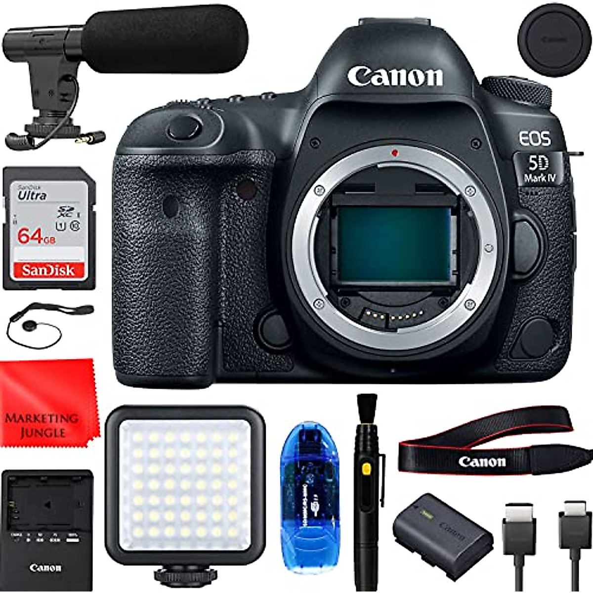 Canon Intl. EOS IV DSLR Camera (Body Only) Bundle, Starter Kit with Accessories (LED Light, Shotgun Mic, 64Gb Memory, Cleaning Pen and More) 5D Mk IV Body Black full-size