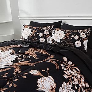 Yogeneg 7 Piece Bed in a Bag King Size Comforter Set Botanical Floral Bedding Set,White Flower Leaves Printed on Black Reversible Design,Soft Microfiber Comforter with Sheet Set,All Season(Black,King)
