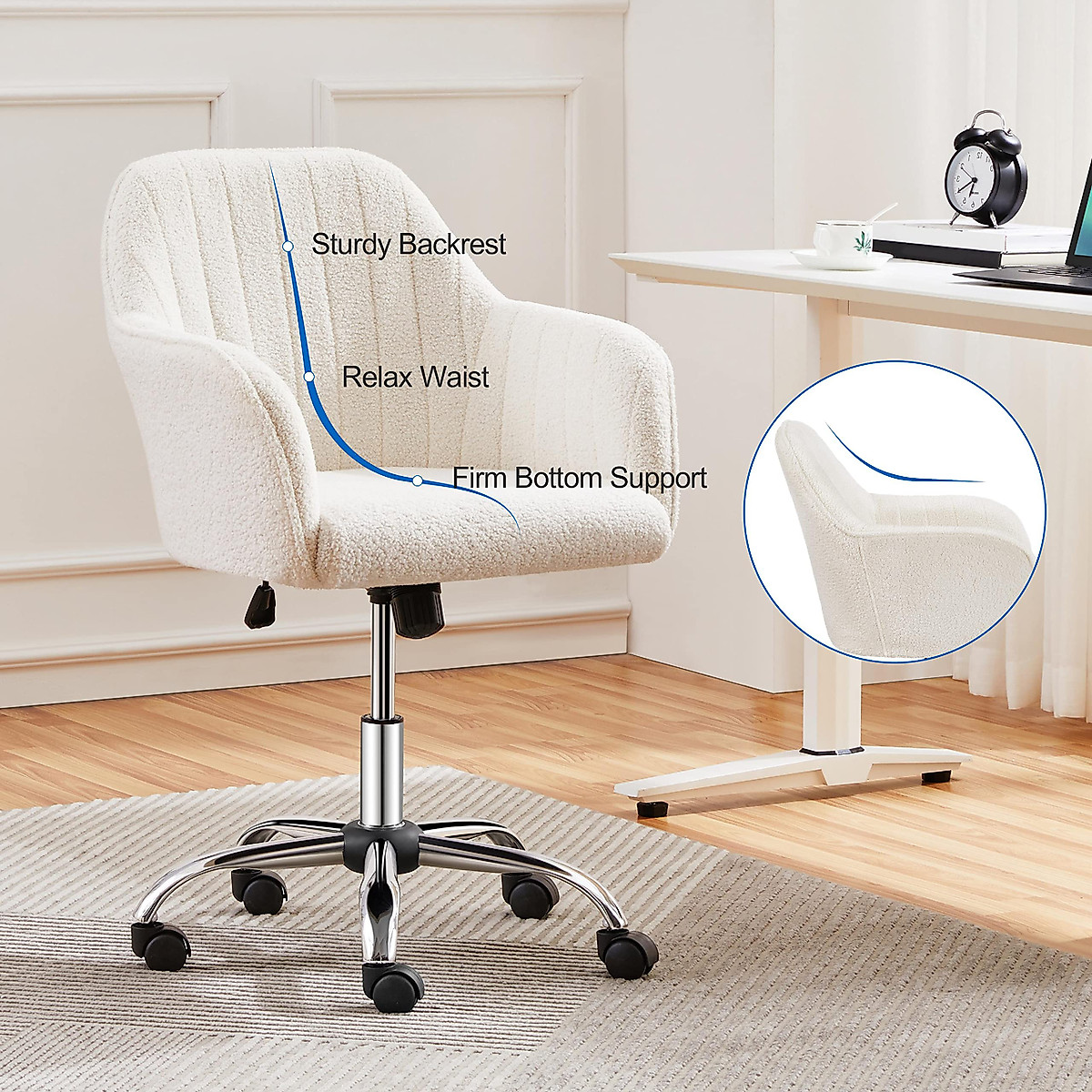 Yaheetech Boucle Vanity Chair Desk Chair Comfy Modern Accent Chair Mid Back Ergonomic Office Chair Height Adjustable Swivel Computer Chair for Bedroom with Arms Ivory