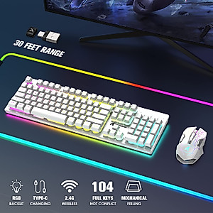 2.4G Wireless Gaming Keyboard and Mouse,Type C/USB Dual Receiver,RGB LED Backlit,Rechargeable 4200mAh,Full Size Mechanical Feel,Silent Mice,Mouse Pad for PC,Laptop,Smartphone,PS4,PS5,Xbox(White)