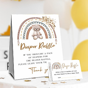 50 Diaper Raffle Tickets and 1 Self-standing Diaper Raffle Sign, Bear Boho Rainbow Baby Gender Reveal Party Supplies, Gender Neutral Baby Shower Decorations - LBLK-017