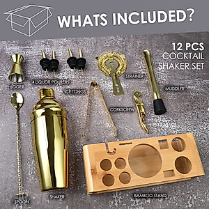 Esmula 12 Piece Bartender Kit with Bamboo Stand, 25oz Cocktail Shaker Set for Mixed Drink, Professional Bar Tool Set with Cocktail Recipes Booklet, Gift for Man Dad Friend (Gold)