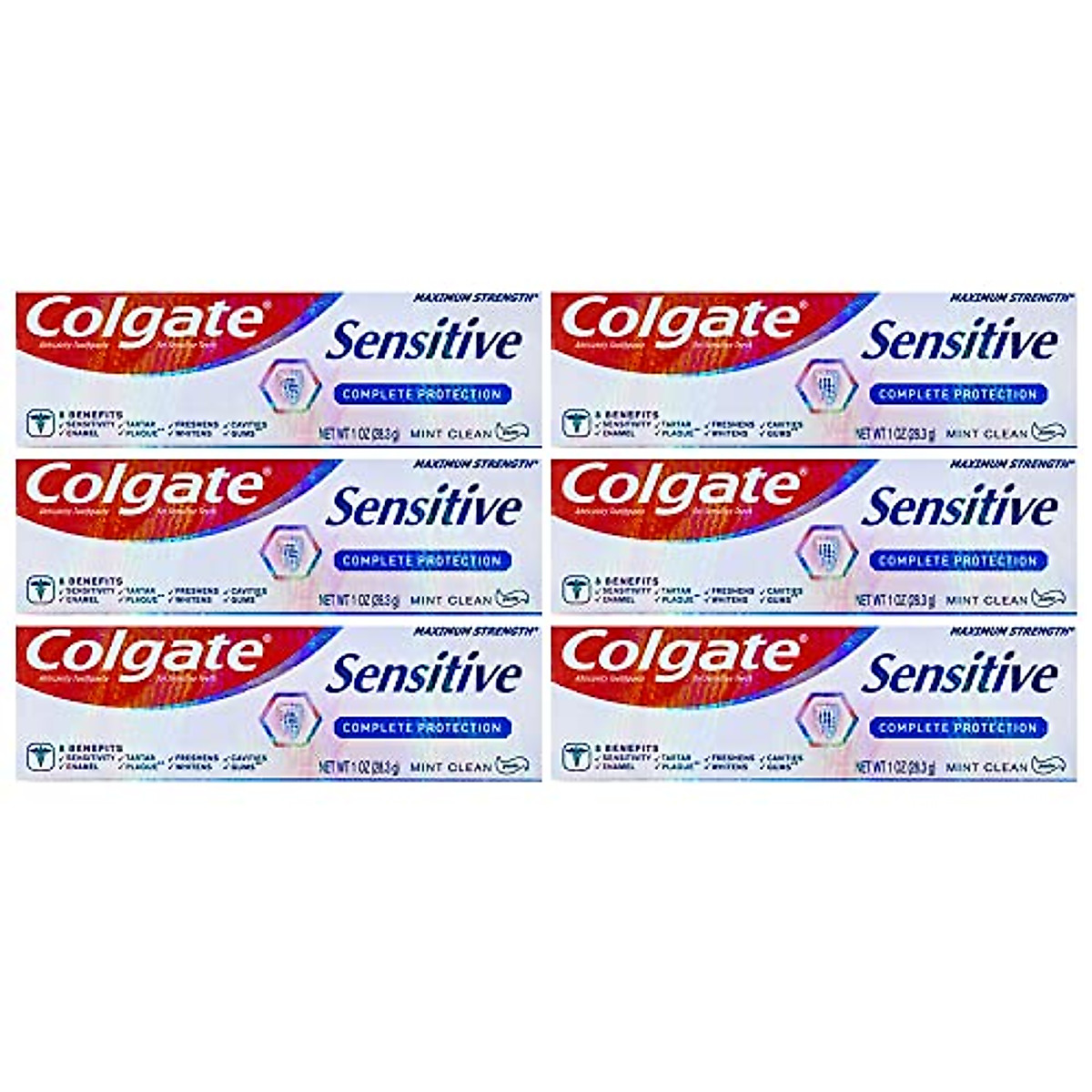 Colgate Sensitive Complete Protection Toothpaste, Maximum Strength, Clean Mint, Travel Size 1 oz (28.3g) - Pack of 6