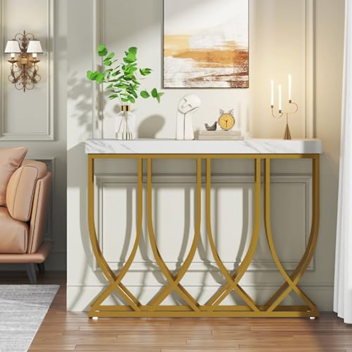 Tribesigns Gold Console Table, Modern Faux Marble Veneer Entryway Foyer Table, 39.4” Narrow Sofa Accent Table with Geometric Metal Legs for Living Room, Hallway, Entrance, White & Gold