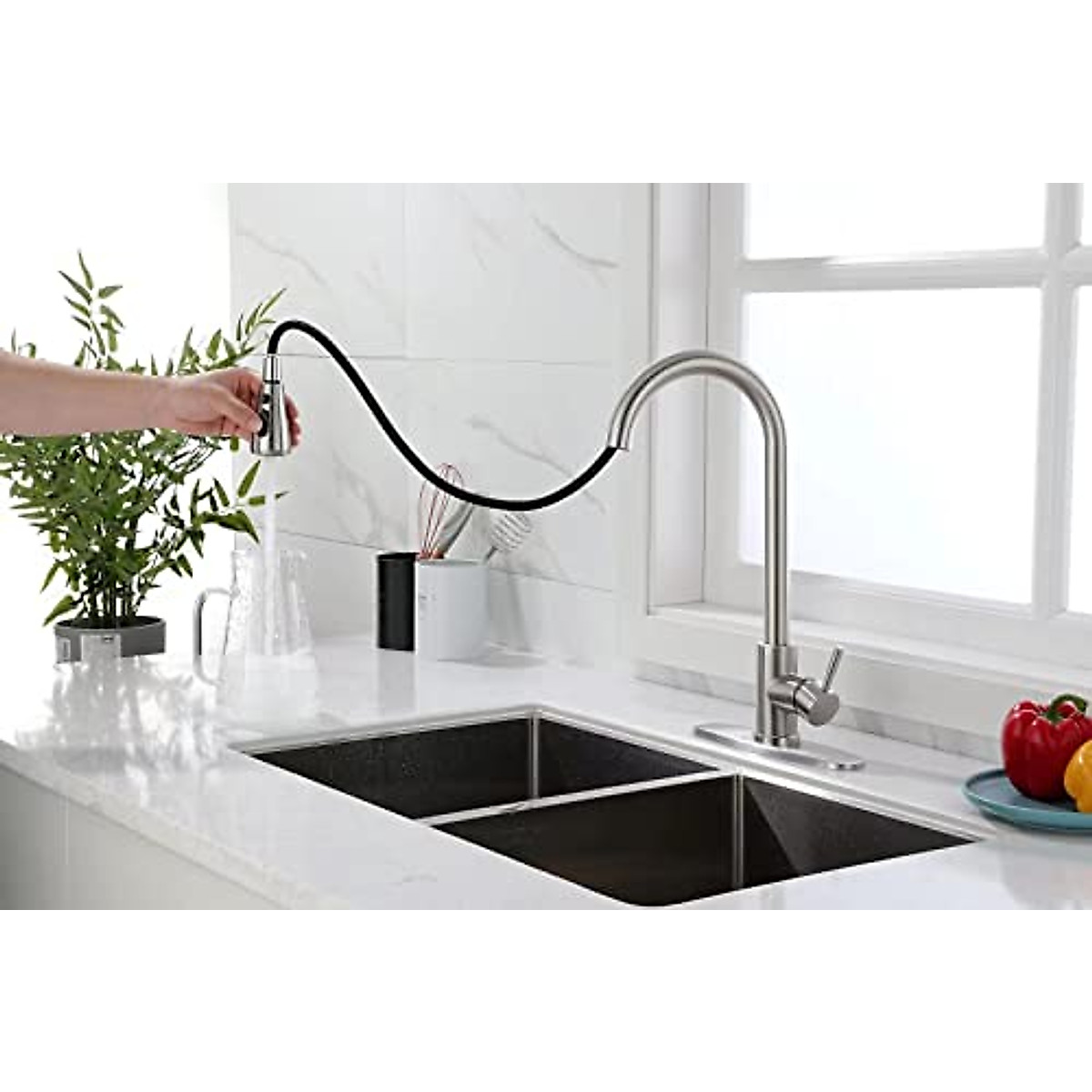 Pull Down Kitchen Faucet Sprayer Head Replacement Part - Pull Out Sink Sprayer Replacement Nozzle, Kitchen Faucet Head Hose Spray Tap Spout Only for G1/2 Connector (Brushed Nickel)