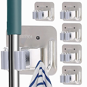 Bntyok 5 Pack Broom Holder Heavy Duty Stainless Steel Broom Hanger with Hooks Screw Drilling Rust Resistant Mop and Broom Holder Wall Mount for Bathroom Kitchen Laundry Room Garage - Silver