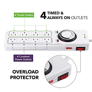 BN-LINK 8 Outlet Surge Protector with Mechanical Timer (4 Outlets Timed, 4 Outlets Always On),6.6FT Extension Cord Flat Plug, White Surge Protector Power Strip with 6AC Outlets 4 USB Ports