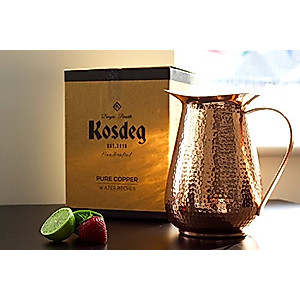 Kosdeg - Copper Pitcher With Lid - 68 Oz - Drink More Water, Lower Your Sugar Intake And Enjoy The Health Benefits - Pure Copper Handmade Hammered Jug, The Best Bedside Carafe - Heavy Gauge