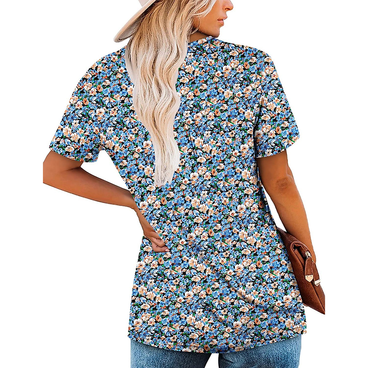 ROSELINLIN Womens Tops Blue Short Sleeve Summer Shirts V Neck Floral Pull Over Ladies Tops XL