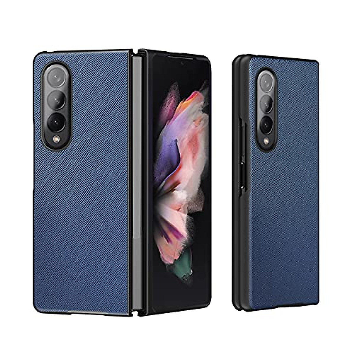 ZYKY Phone Case for Galaxy Z Fold 3, Genuine Leather Protection Cover PC Hard Shockproof Back Cover Protector Case Shell Compatible with Samsung Galaxy Z Fold 3 5G (Blue)