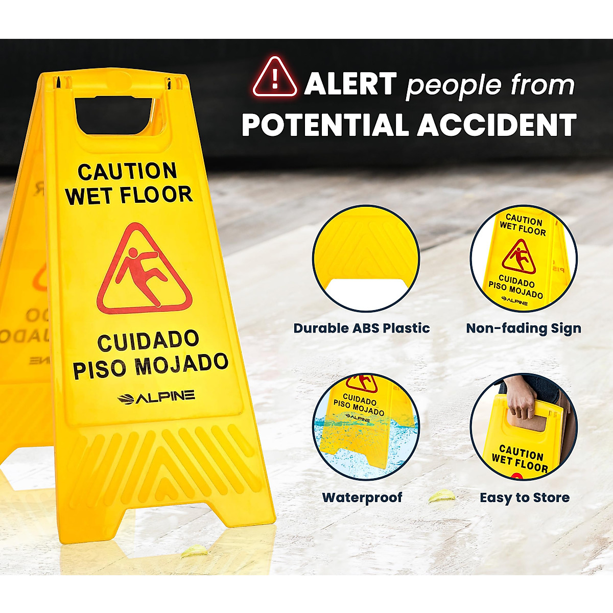 Alpine Wet Floor Signs 3 Pack - 24 Inch Caution Wet Floor Sign, High Visibility Yellow Slippery When Wet Sign - Bilingual Safety Warning Sign to Easily Avoid Slippery Accidents in High Traffic Areas