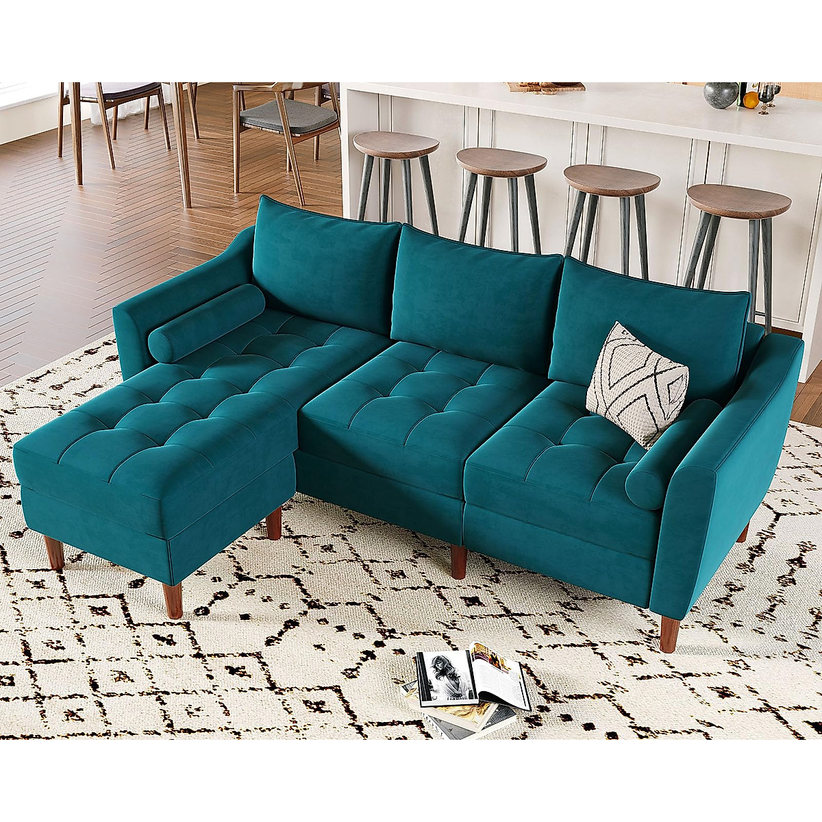Belffin Reversible Sectional Sofa Couch Mid-Century Modern Velvet L Shaped Sofa 3-Seat Sofa Sectional with Reversible Chaise Foot Rest for Apartment and Small Space Peacock Blue